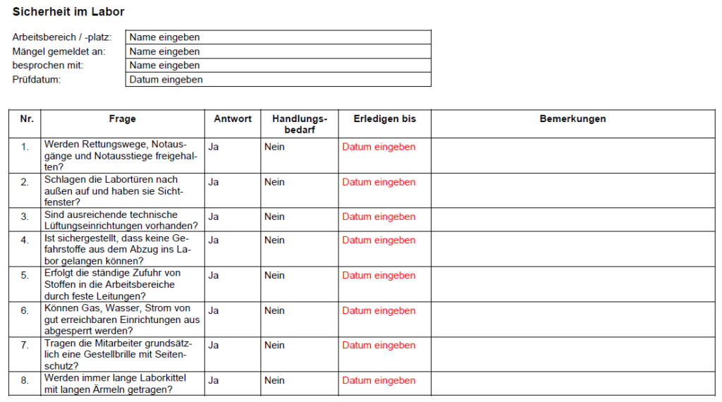 Checkliste - Sicherheit im Labor - vorlagen.de