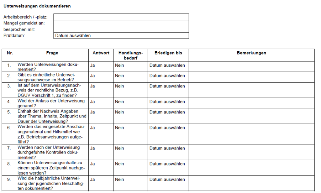 Checkliste - Unterweisungen dokumentieren - vorlagen.de