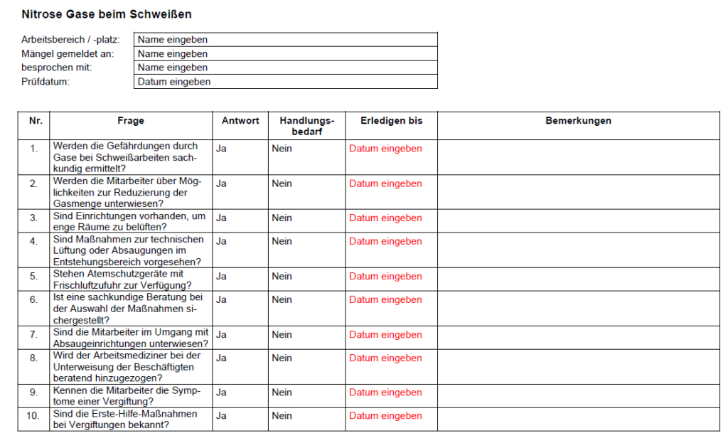 Checkliste - Nitrose Gase beim Schweißen - vorlagen.de