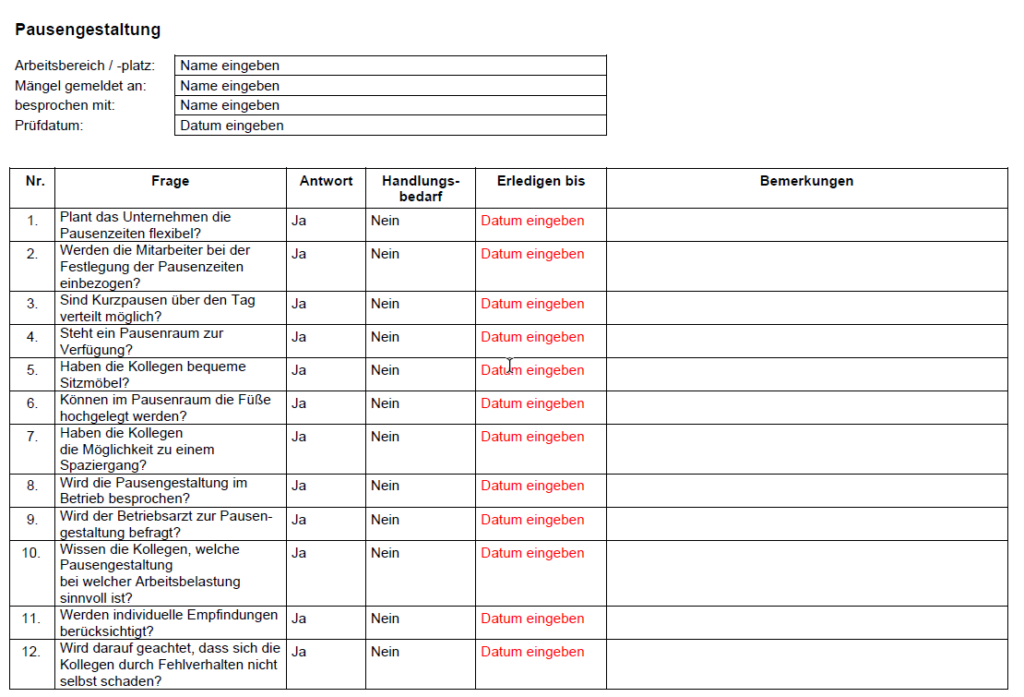 Checkliste - Pausengestaltung - vorlagen.de