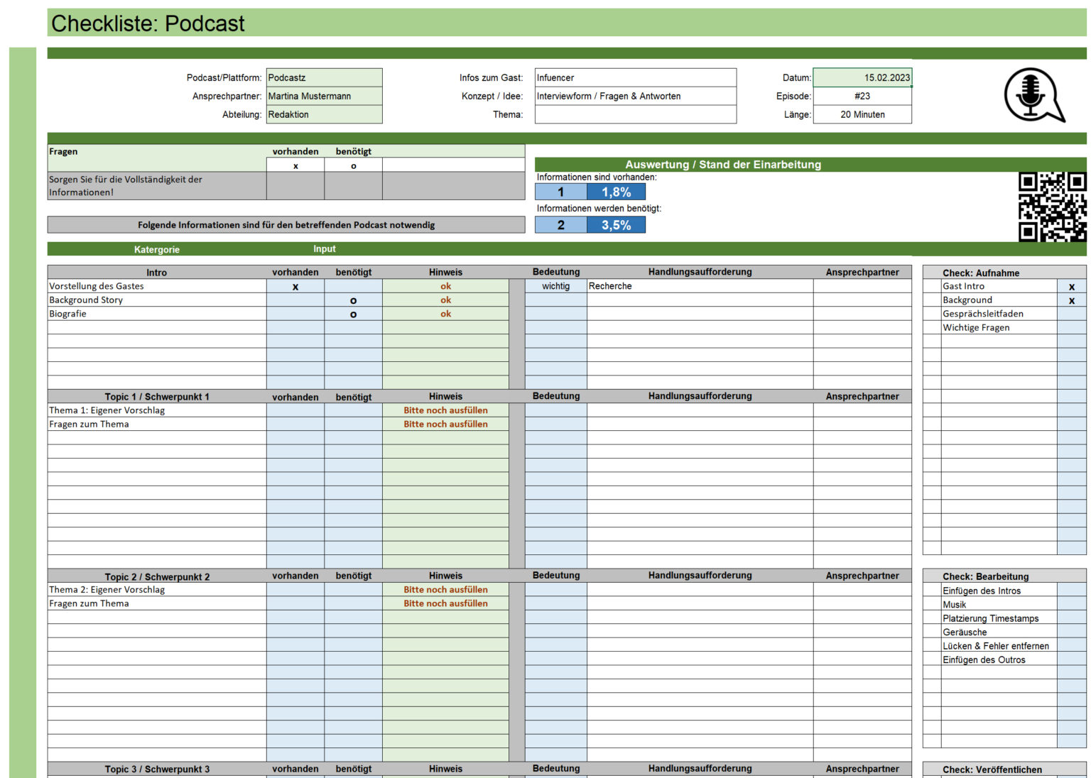 Podcast Checkliste unter Excel - vorlagen.de