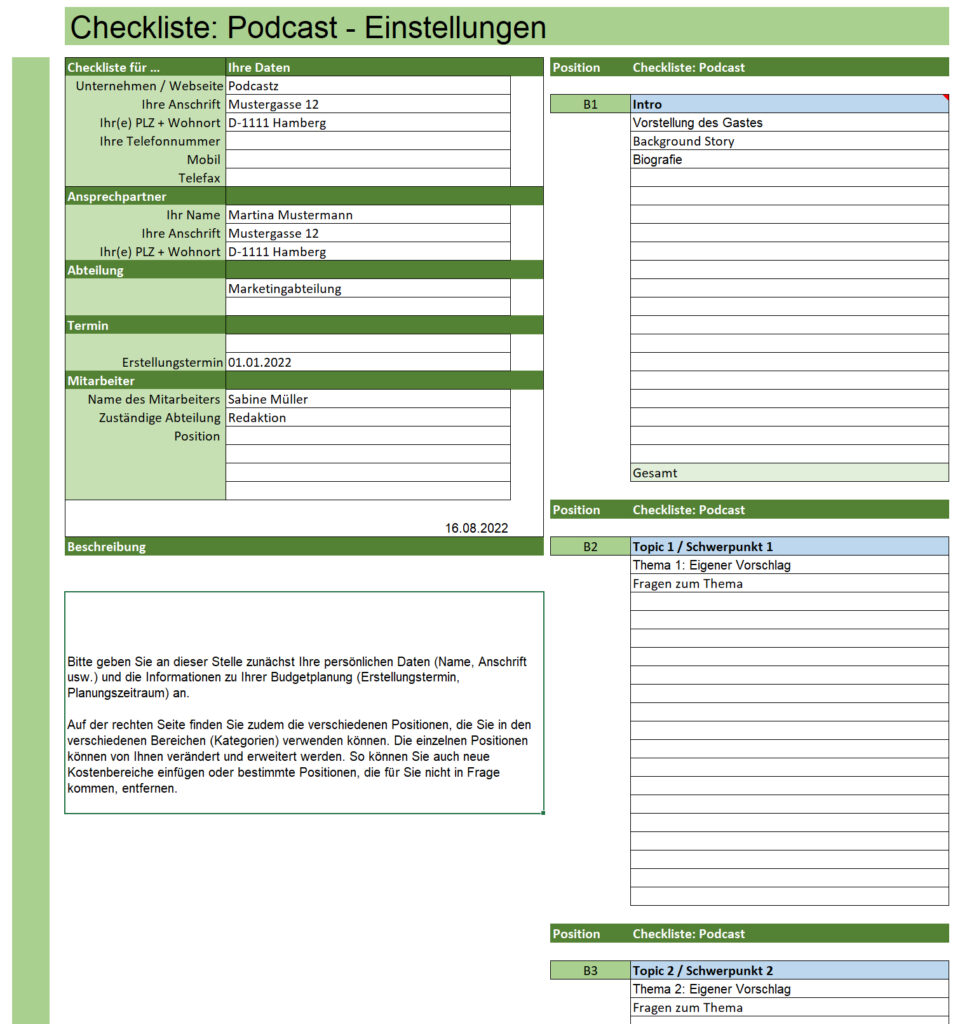 Podcast Checkliste unter Excel - vorlagen.de